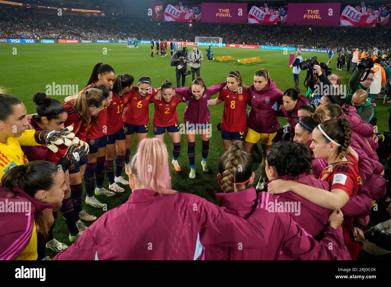 Spain's team players hug before the final of Women's World Cup soccer ...