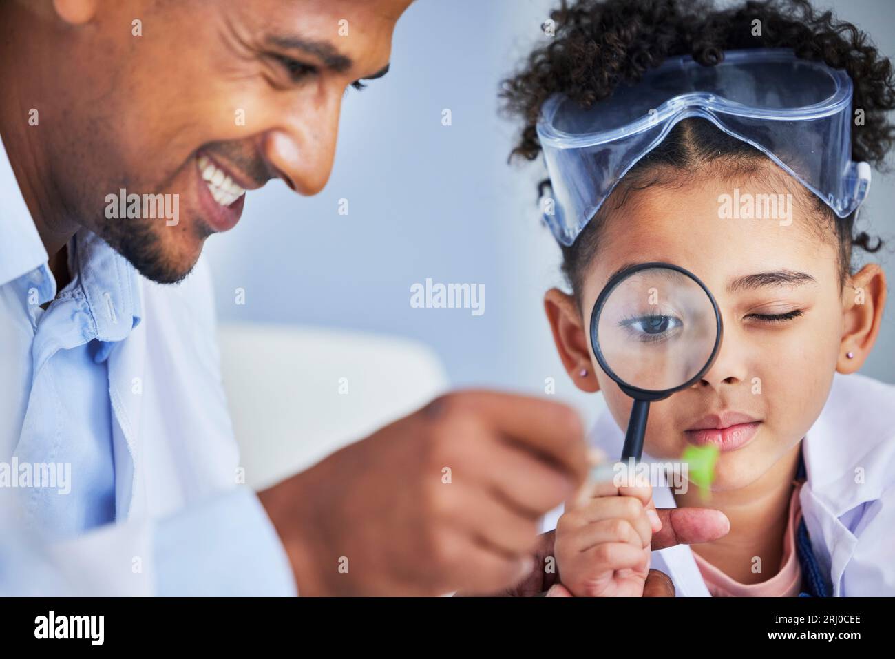 Lab test, father and child with magnifying glass for learning, research ...