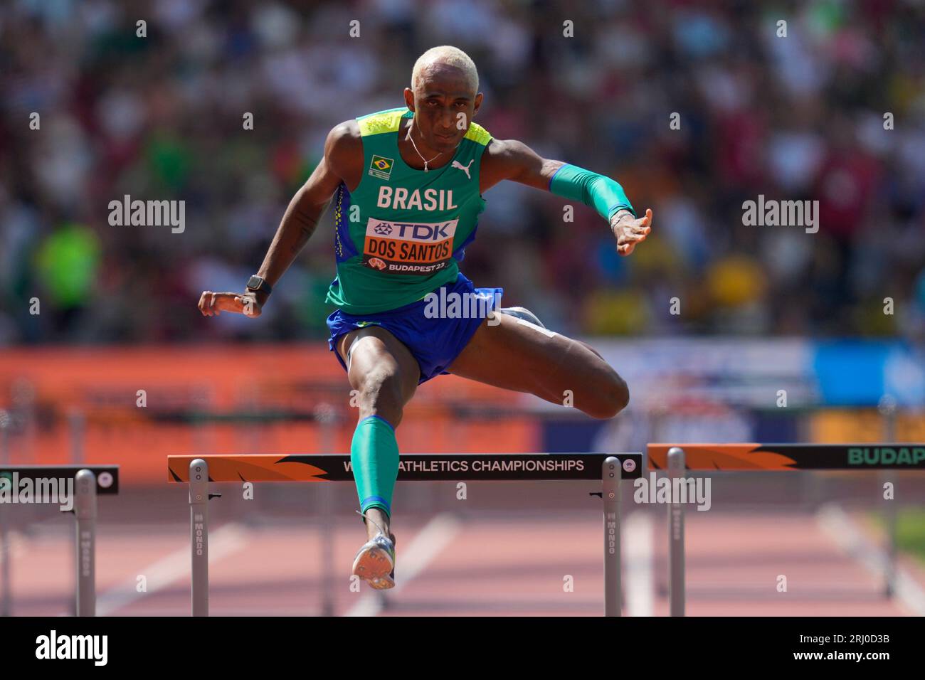 Alison Dos Santos, of Brazil, competes in the Men's 400-meters hurdles ...