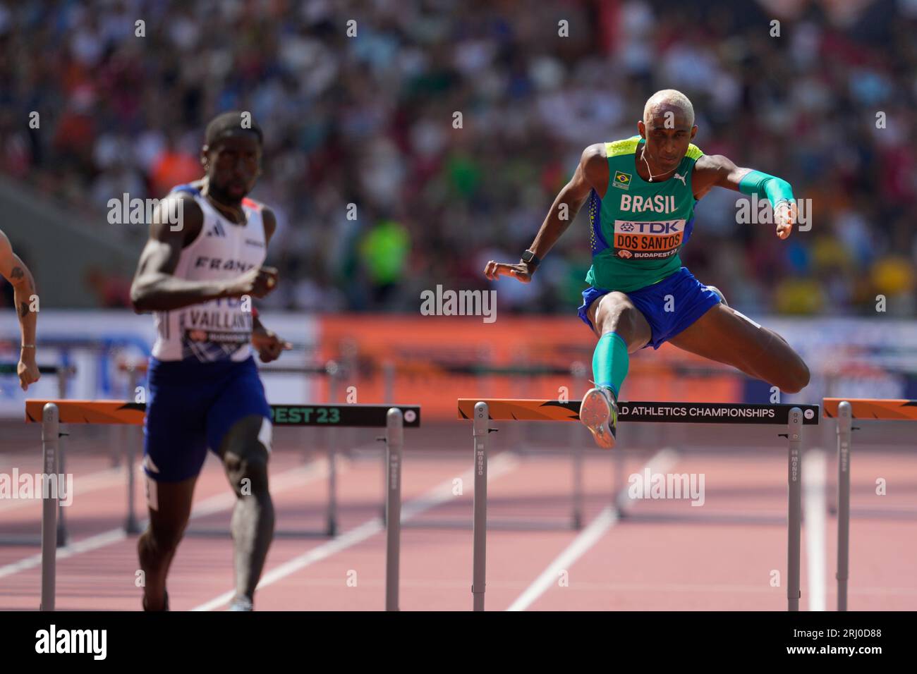 Alison Dos Santos, of Brazil, right, and Ludvy Vaillant, of France ...