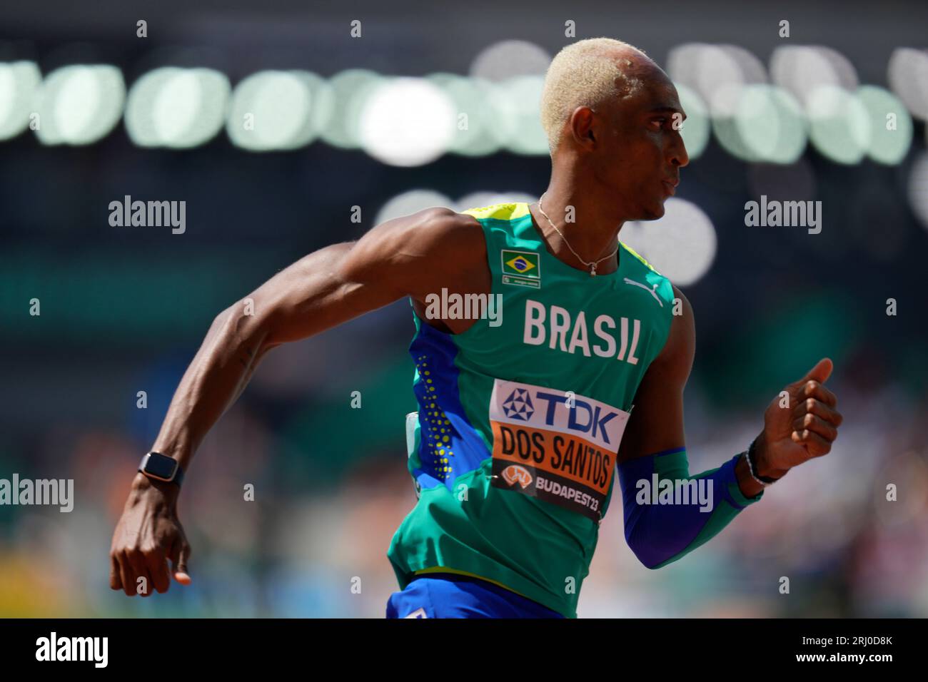 Alison Dos Santos, of Brazil, competes in the Men's 400-meters hurdles ...