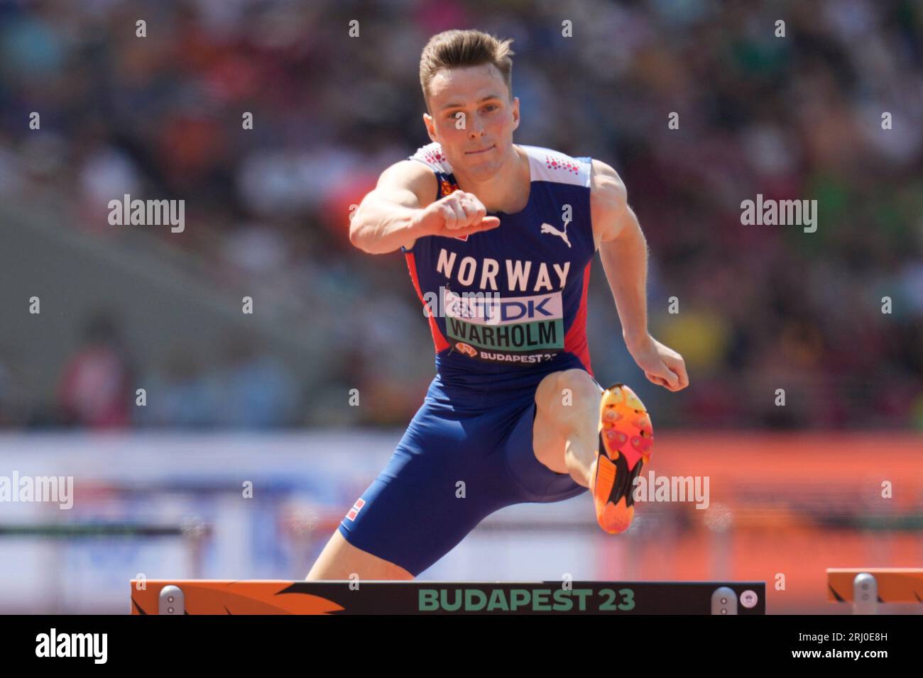 Karsten Warholm, of Norway, competes in the Men's 400-meters hurdles ...