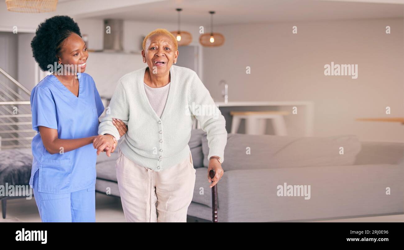 Nurse, portrait and senior black woman with cane, help and smile in ...