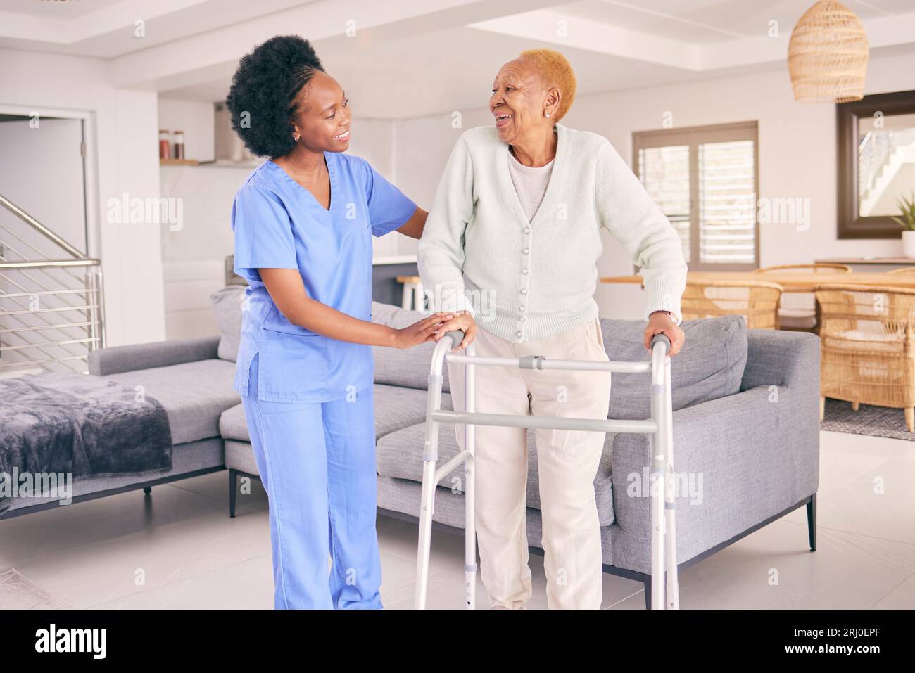 Nurse, senior woman and walking frame for homecare, healthcare service ...