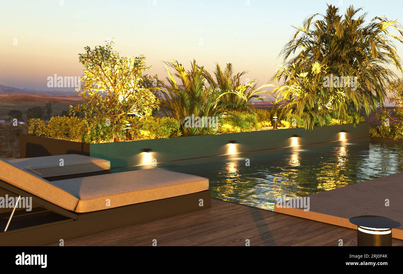 Luxury hotel design. Modern villa outside with beautiful garden, brown ...