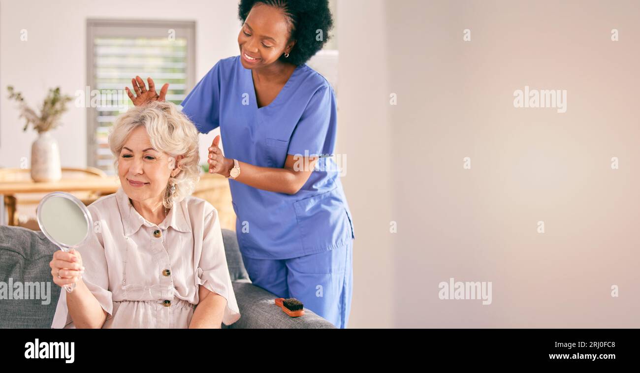 Nurse, senior woman and hair care by mirror in home living, happy for ...