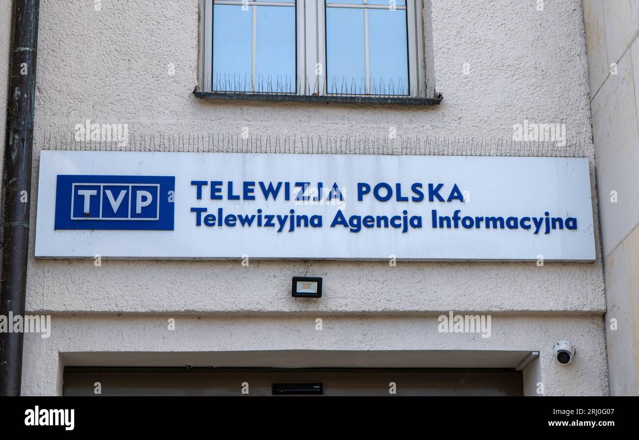 TVP - Telewizja Polska, Polish Television. Blue logo signage on the ...