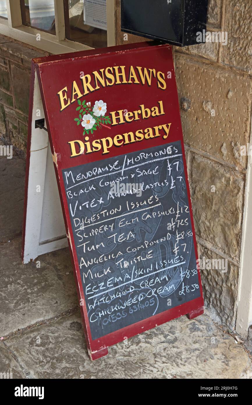 Blackboard sign outside Earnshaw's Herbal Dispensary, Pateley Bridge ...