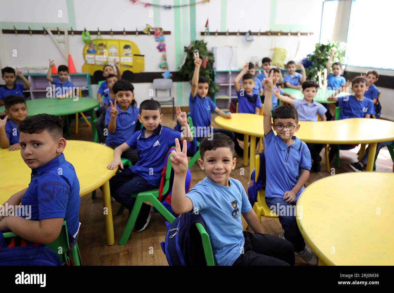Nablus. 20th Aug, 2023. Palestinian students are pictured in a classroom on the first day of the ...