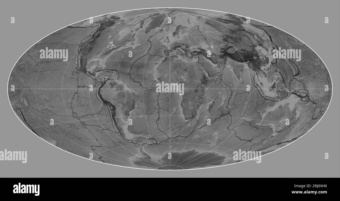 Tectonic plate boundaries on a grayscale map of the world in the Aitoff ...