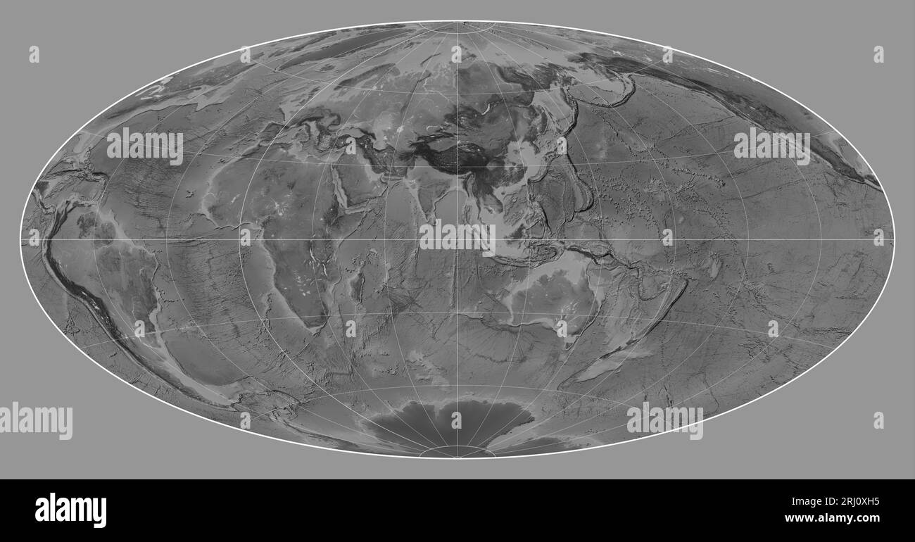 Grayscale map of the world in the Aitoff projection centered on the ...