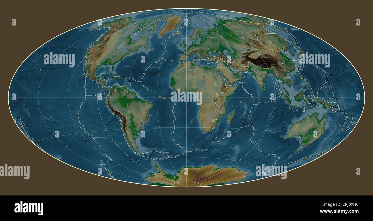 Tectonic plate boundaries on a physical map of the world in the Aitoff ...