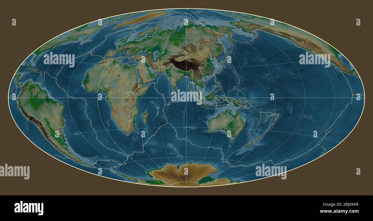 Tectonic plate boundaries on a physical map of the world in the Aitoff ...