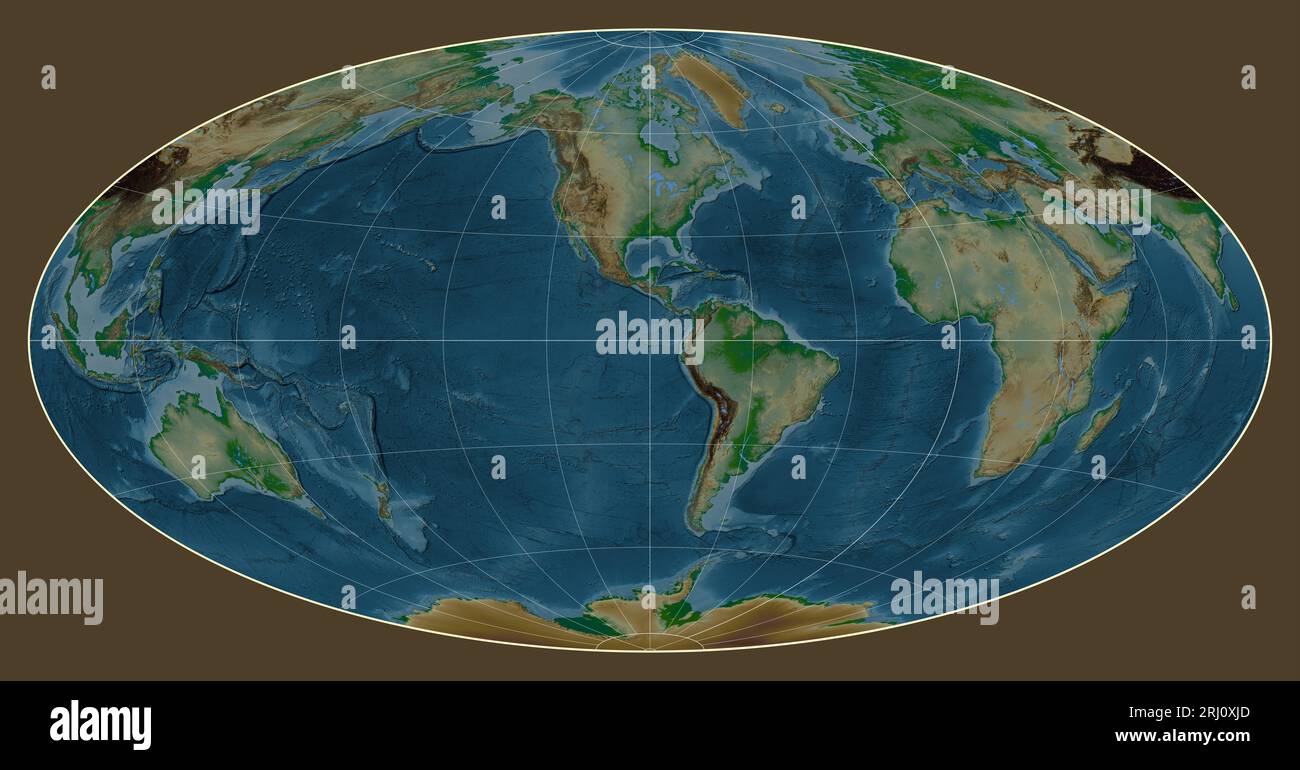 Physical map of the world in the Aitoff projection centered on the ...