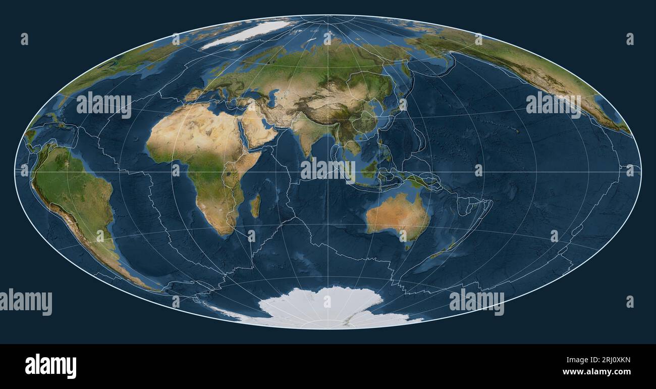Tectonic plate boundaries on a satellite map of the world in the Aitoff ...