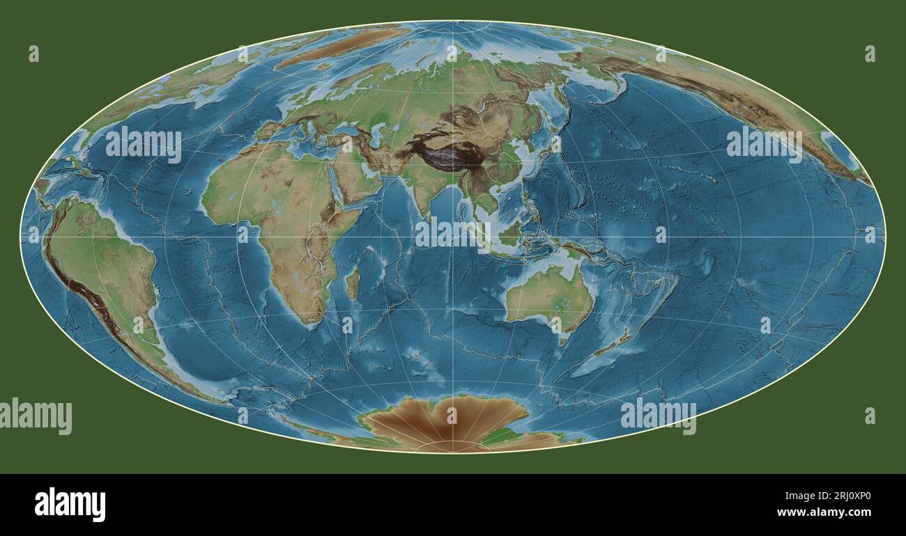 Tectonic plate boundaries on a colored elevation map of the world in ...
