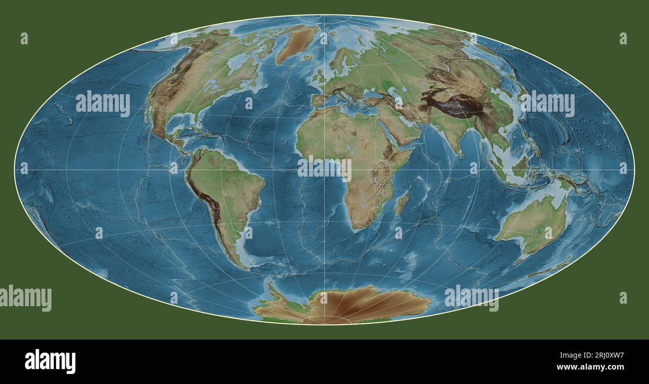 Tectonic plate boundaries on a colored elevation map of the world in ...