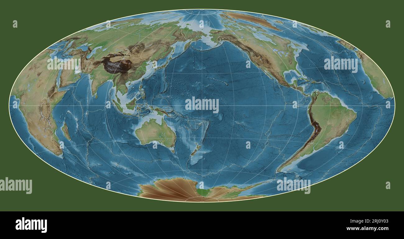 Tectonic plate boundaries on a colored elevation map of the world in ...