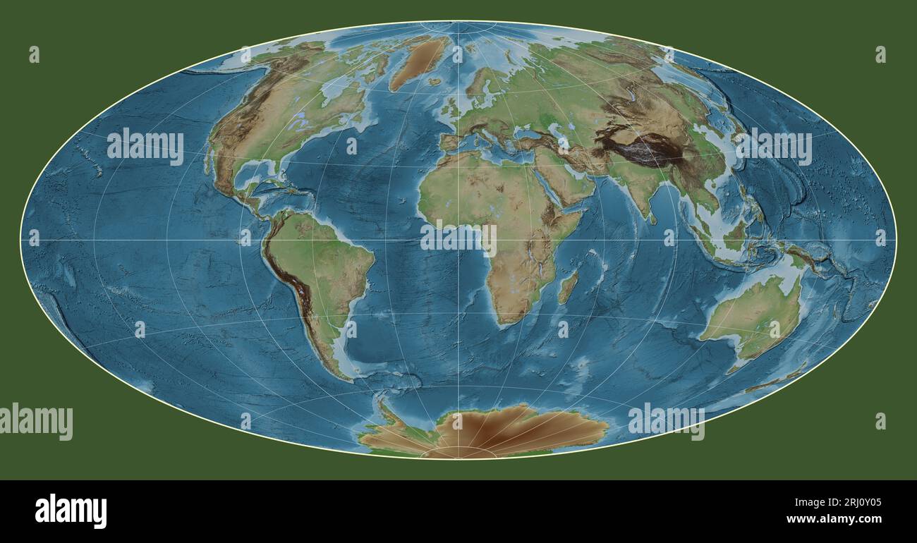 Colored elevation map of the world in the Aitoff projection centered on ...