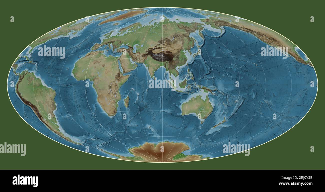 Colored elevation map of the world in the Aitoff projection centered on ...