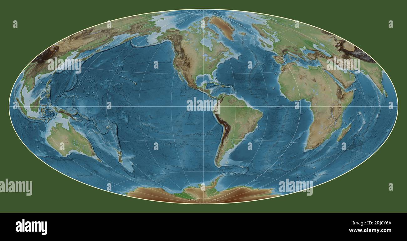 Colored elevation map of the world in the Aitoff projection centered on ...