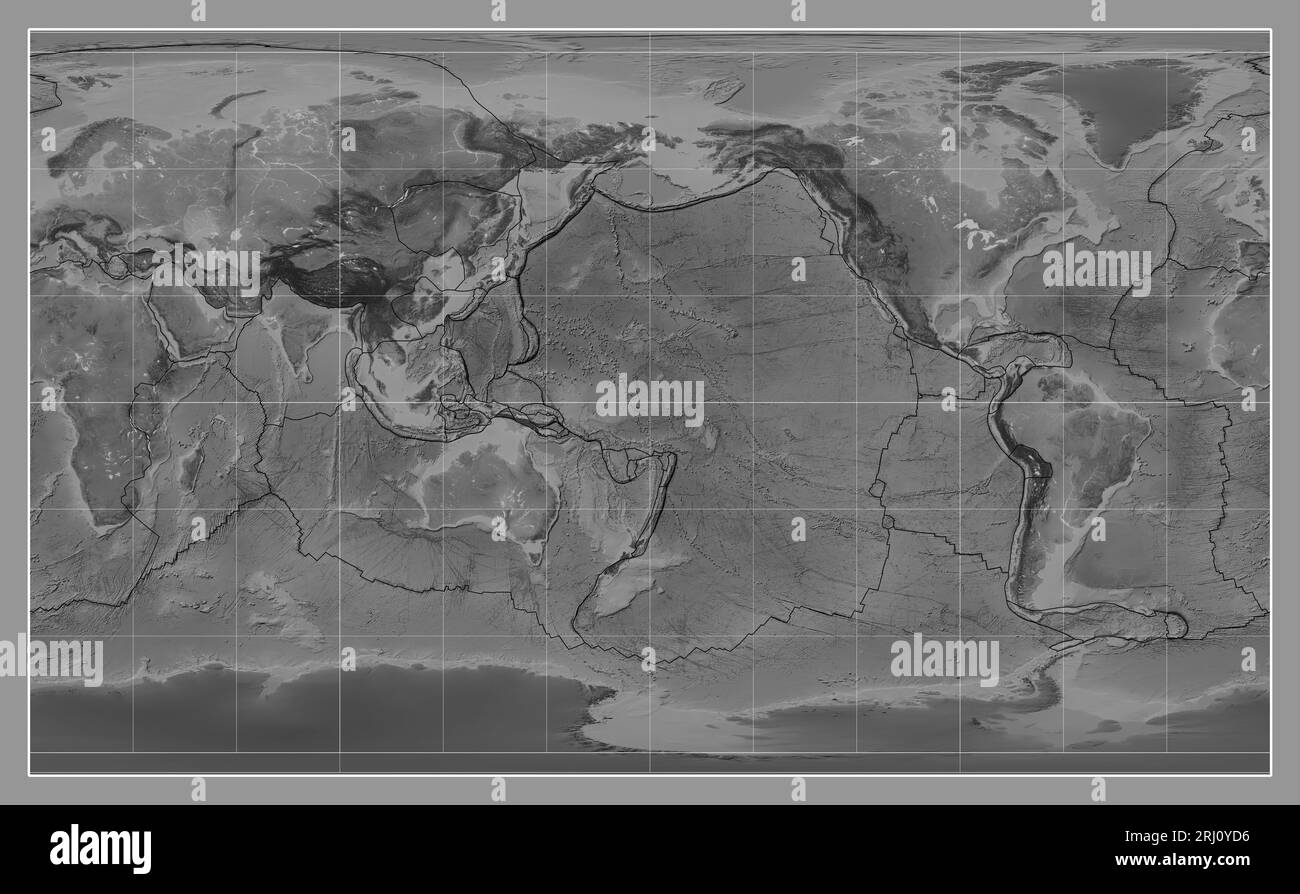 Tectonic plate boundaries on a grayscale map of the world in the ...