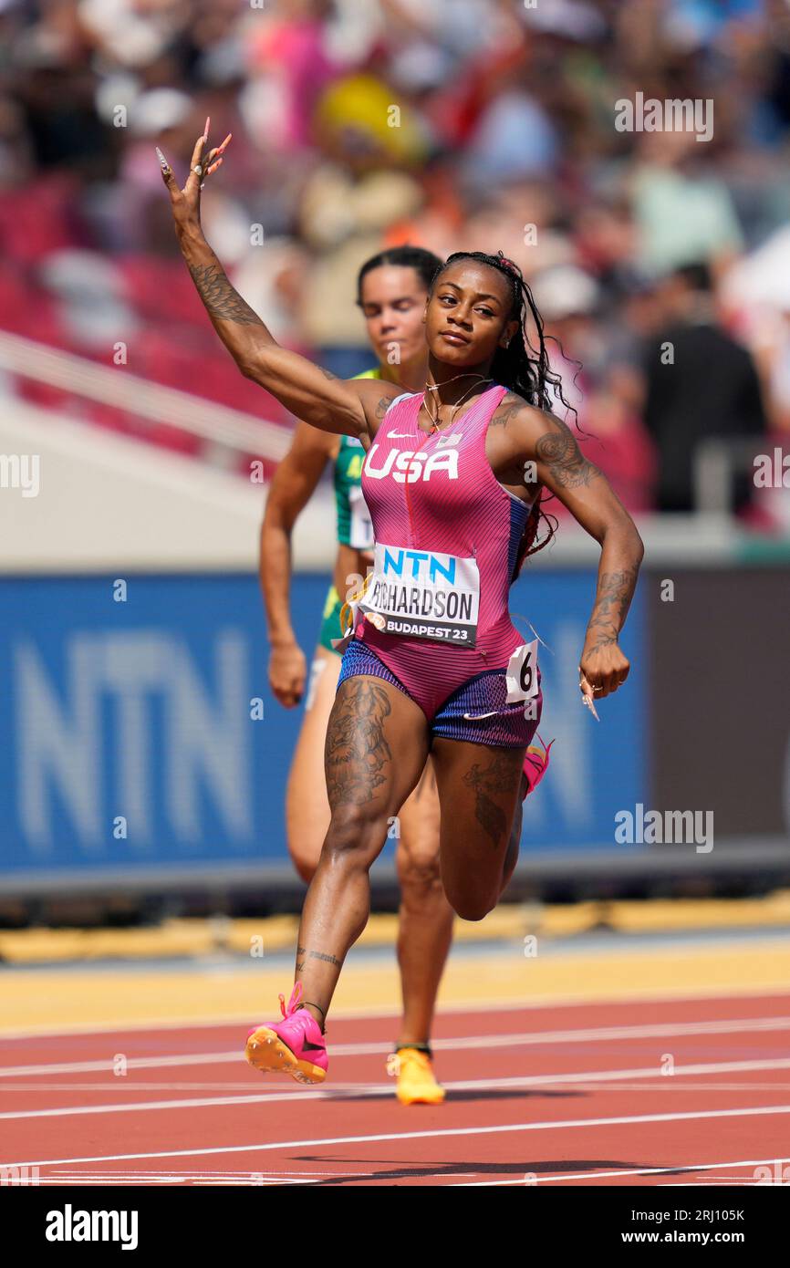 Sha'Carri Richardson, of the United States, reacts in the Women's 100 ...