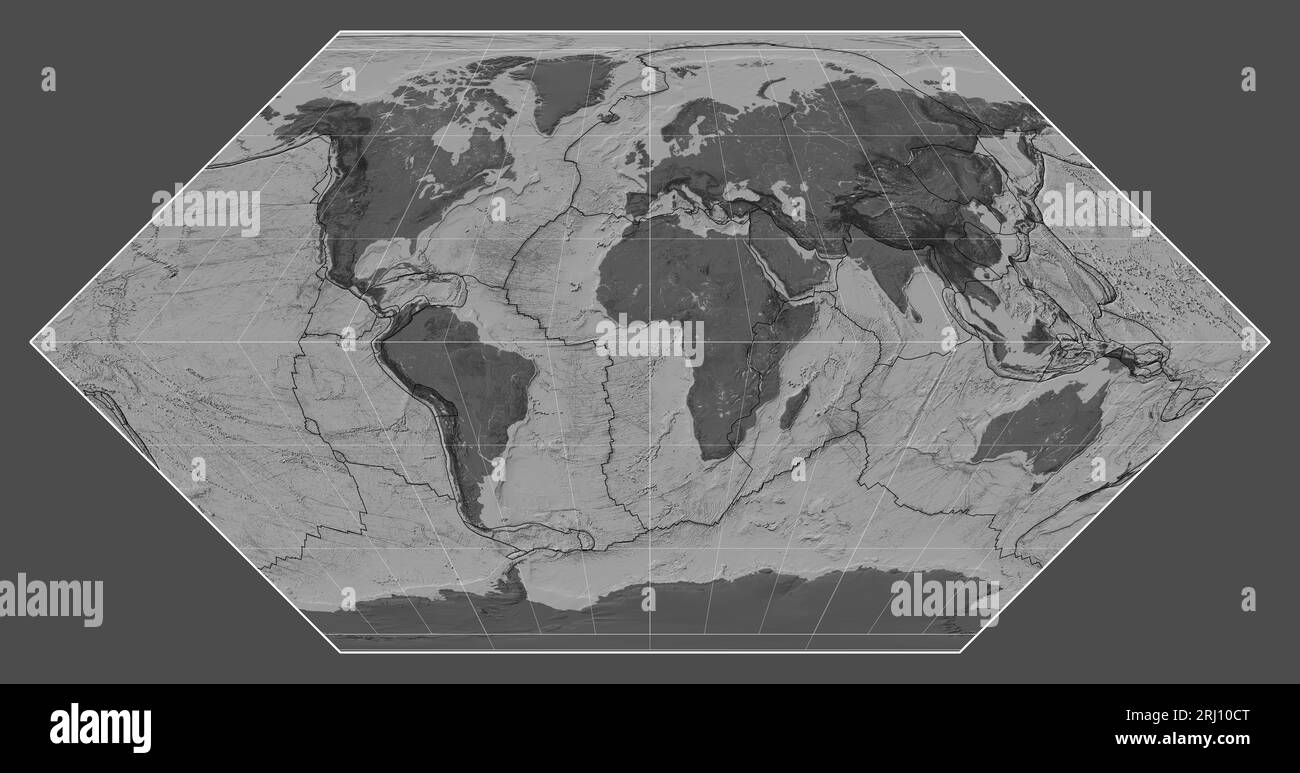 Tectonic plate boundaries on a bilevel map of the world in the Eckert I ...