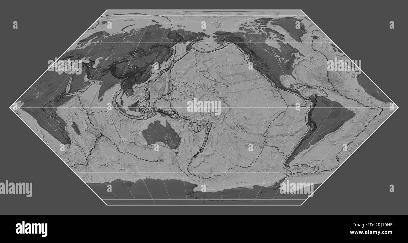 Tectonic plate boundaries on a bilevel map of the world in the Eckert I ...