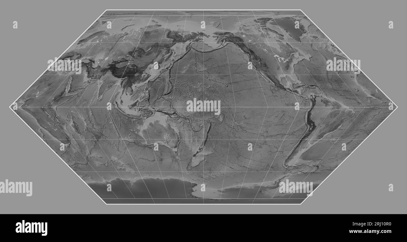 Grayscale map of the world in the Eckert I projection centered on the ...
