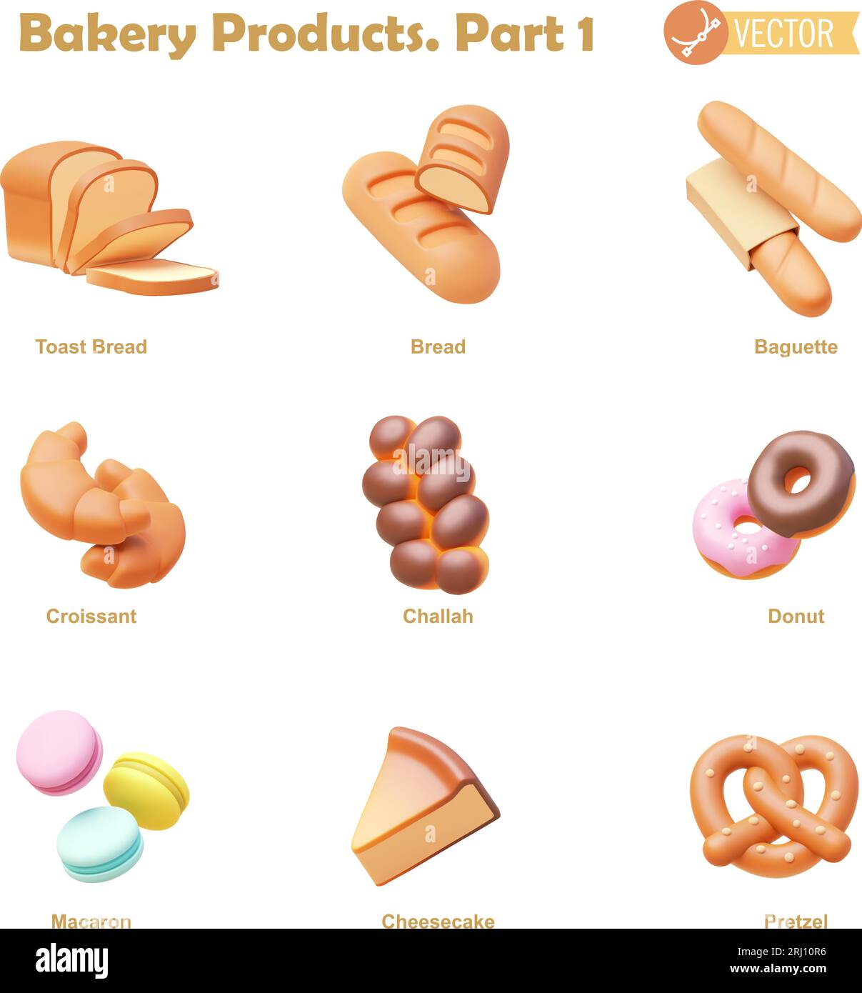 Vector bakery and pastry products icon set. Bread, baguette, croissant ...