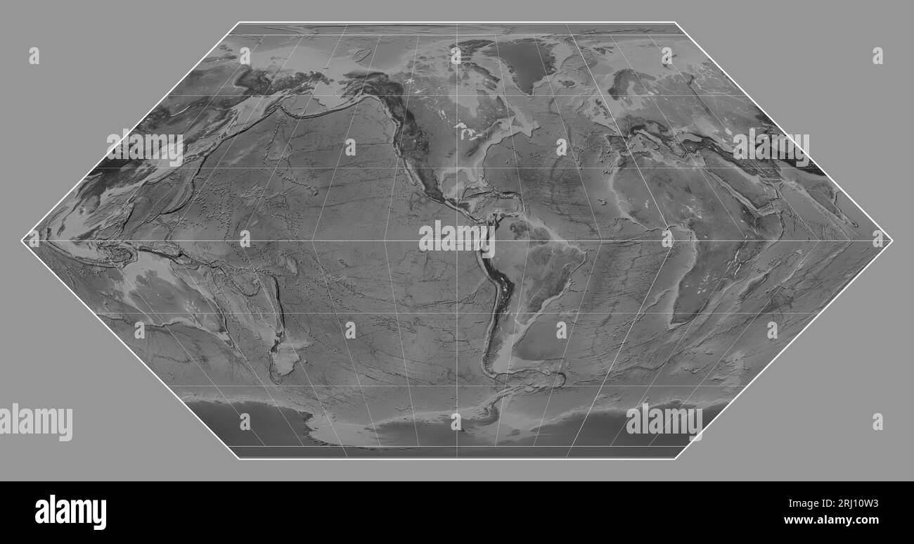 Grayscale map of the world in the Eckert I projection centered on the ...