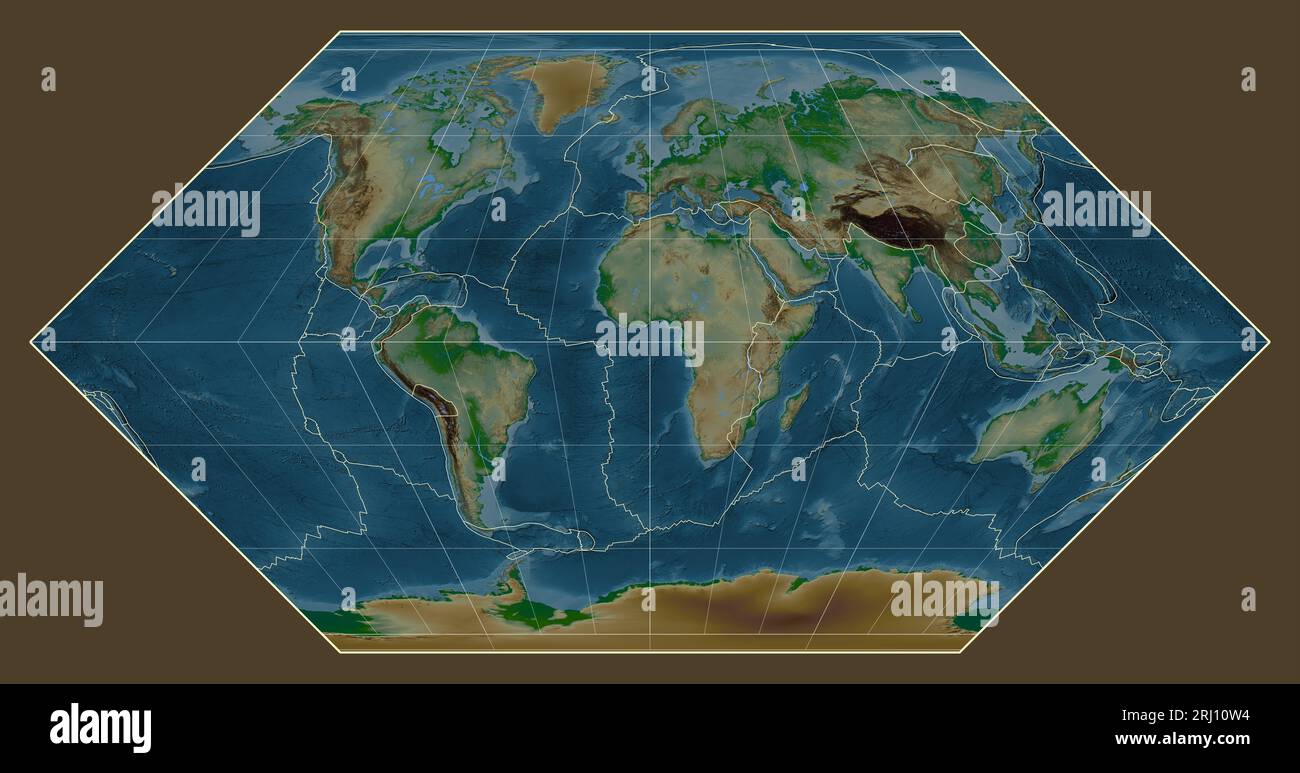 Tectonic plate boundaries on a physical map of the world in the Eckert ...