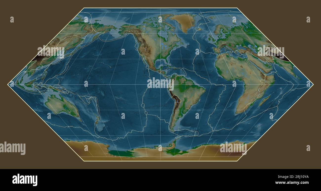 Tectonic plate boundaries on a physical map of the world in the Eckert ...