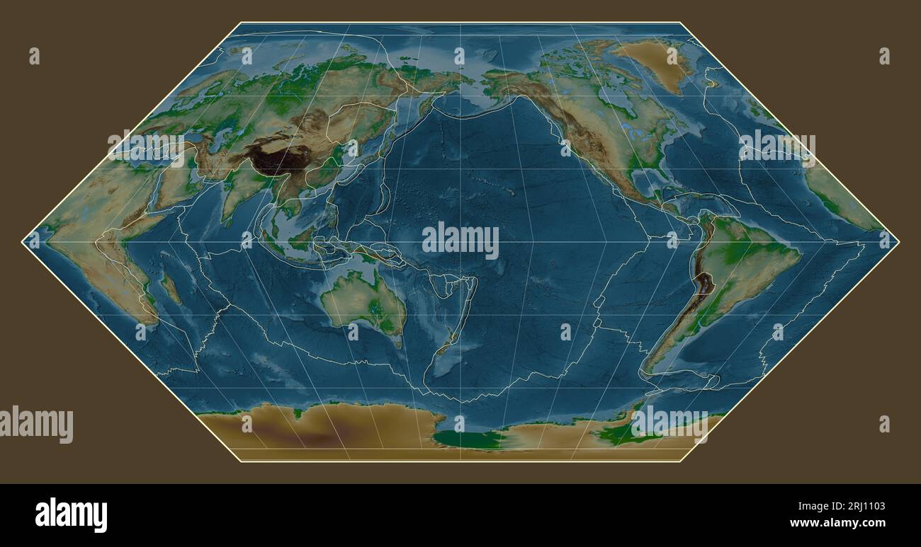 Tectonic plate boundaries on a physical map of the world in the Eckert ...
