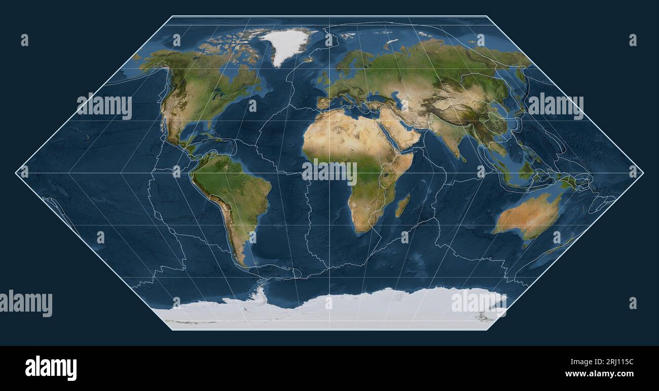 Tectonic plate boundaries on a satellite map of the world in the Eckert ...