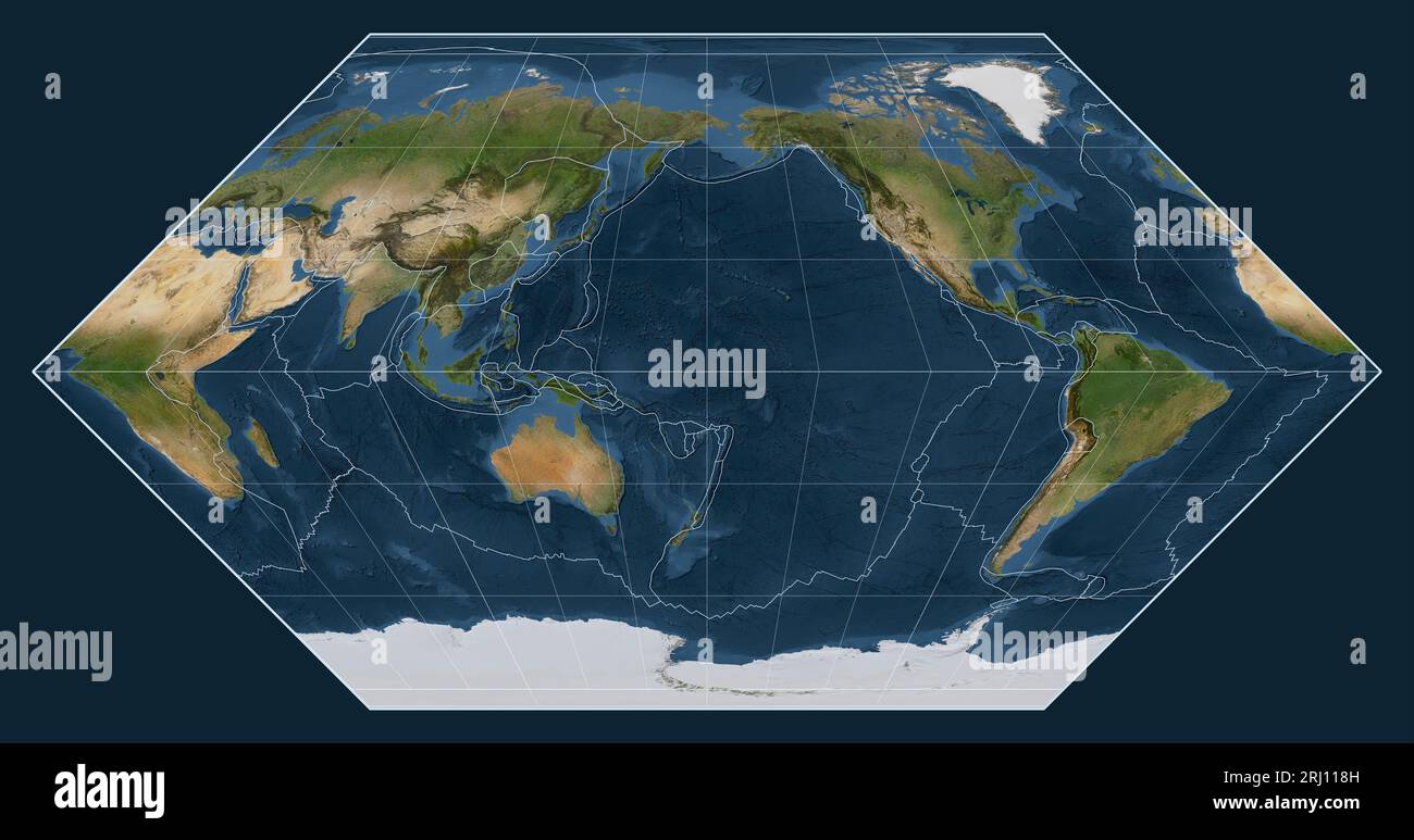 Tectonic plate boundaries on a satellite map of the world in the Eckert ...