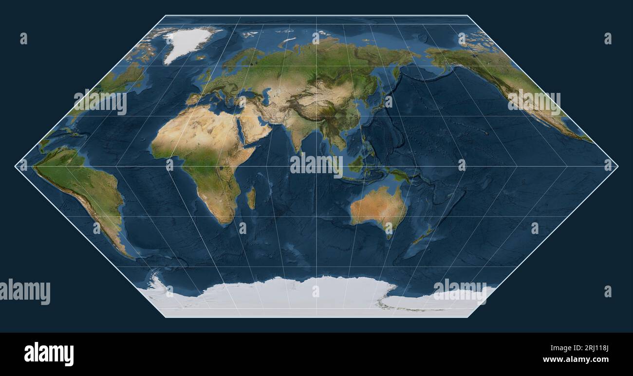 Satellite map of the world in the Eckert I projection centered on the ...