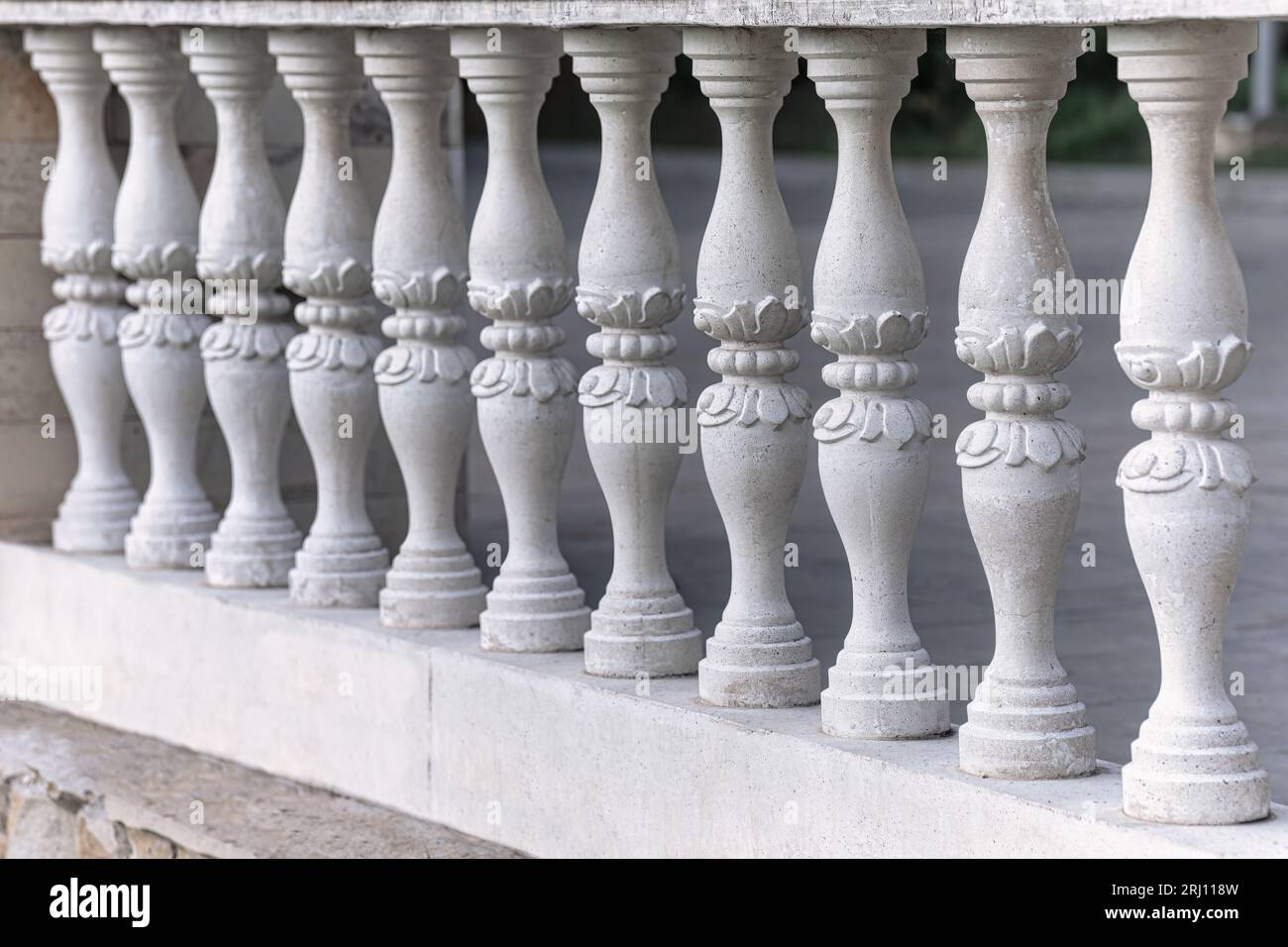 White marble balustrade in the park . Balustrade pillars in a row Stock ...