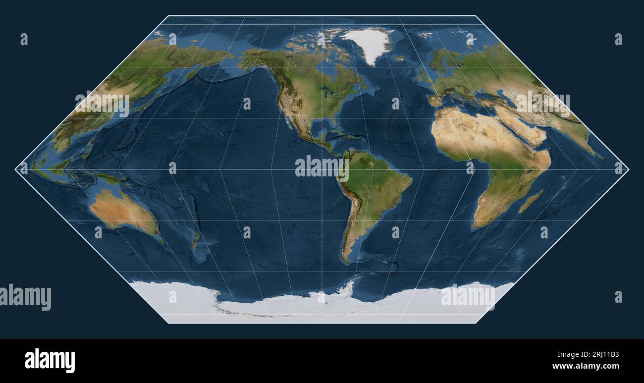 Satellite map of the world in the Eckert I projection centered on the ...
