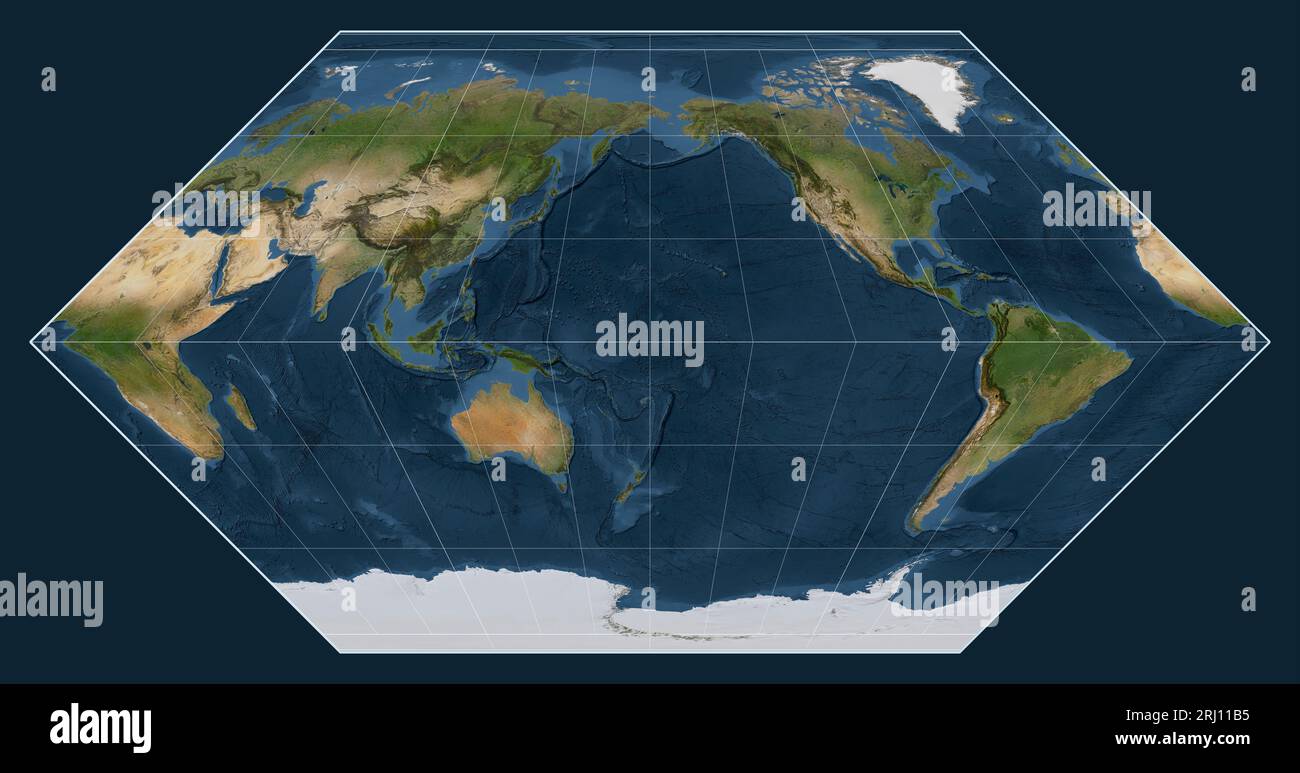 Satellite map of the world in the Eckert I projection centered on the ...