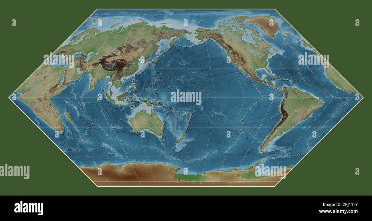 Tectonic plate boundaries on a colored elevation map of the world in ...
