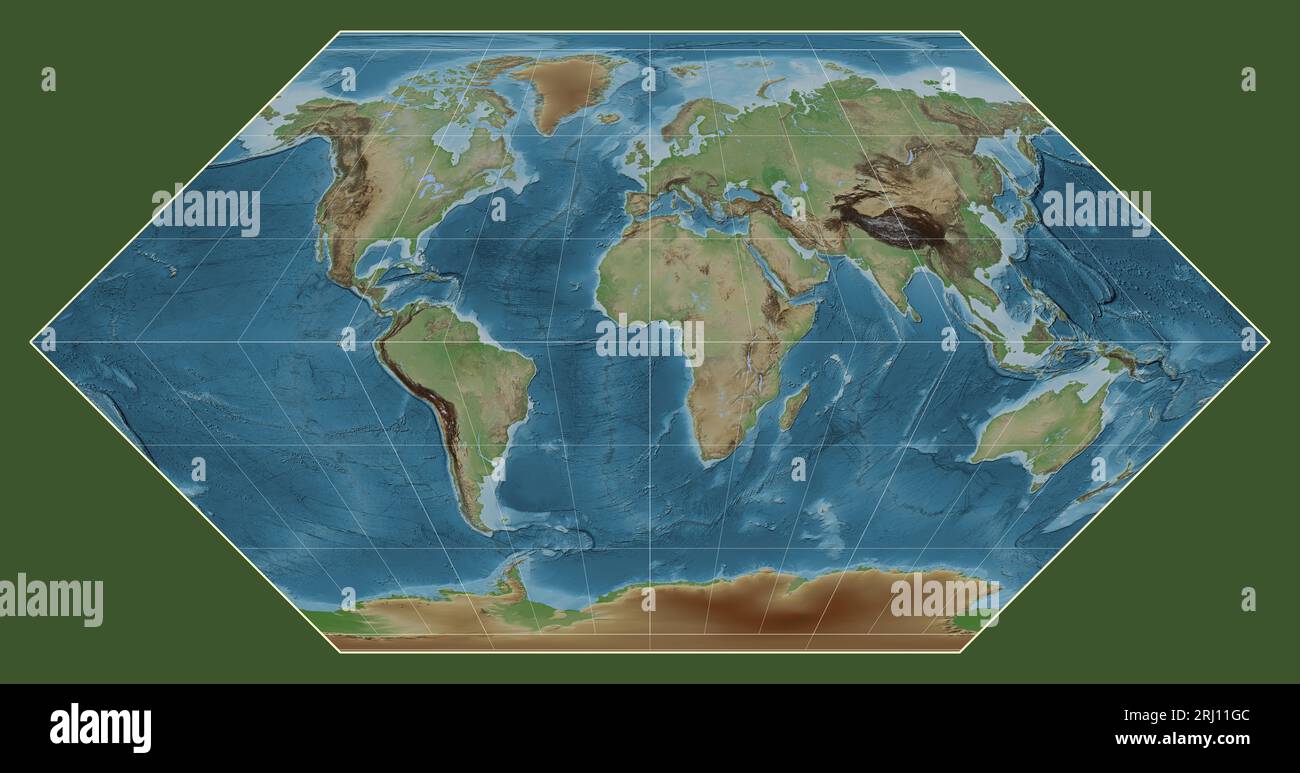 Colored elevation map of the world in the Eckert I projection centered ...