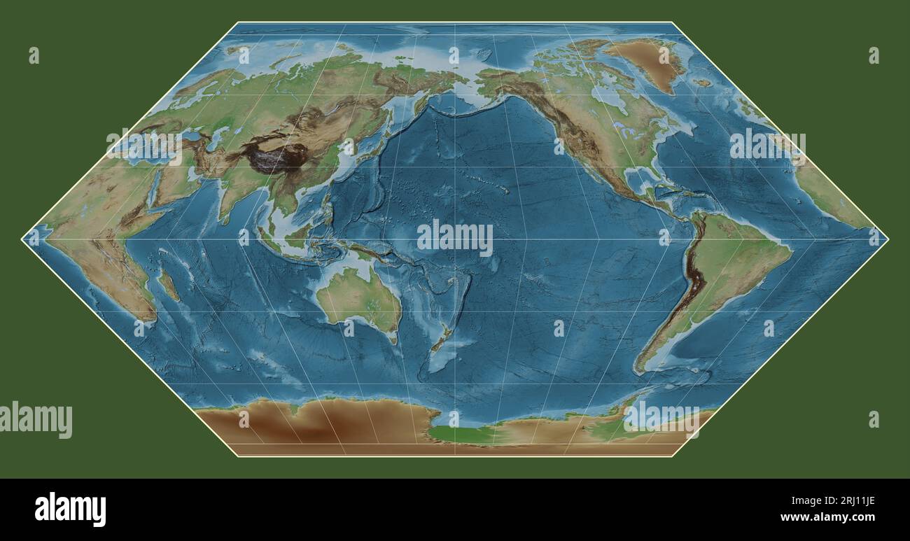 Colored elevation map of the world in the Eckert I projection centered ...
