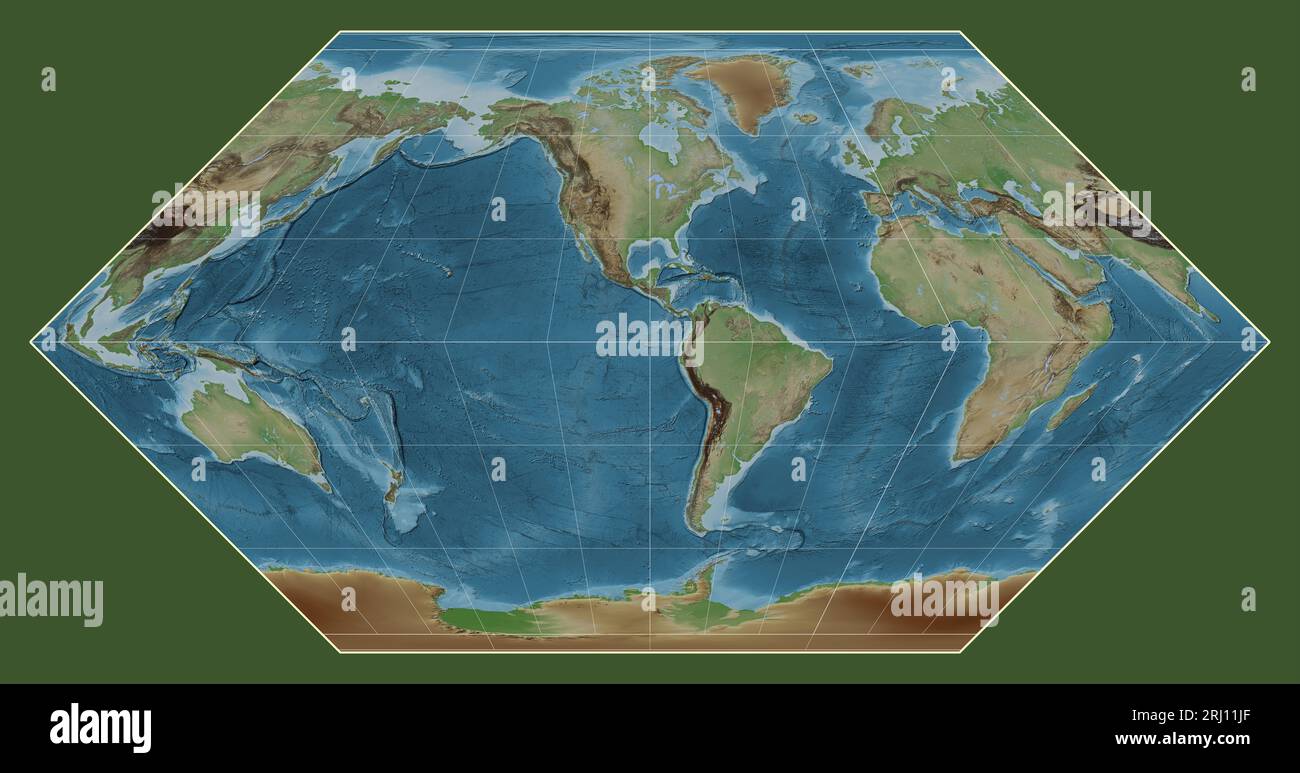 Colored elevation map of the world in the Eckert I projection centered ...