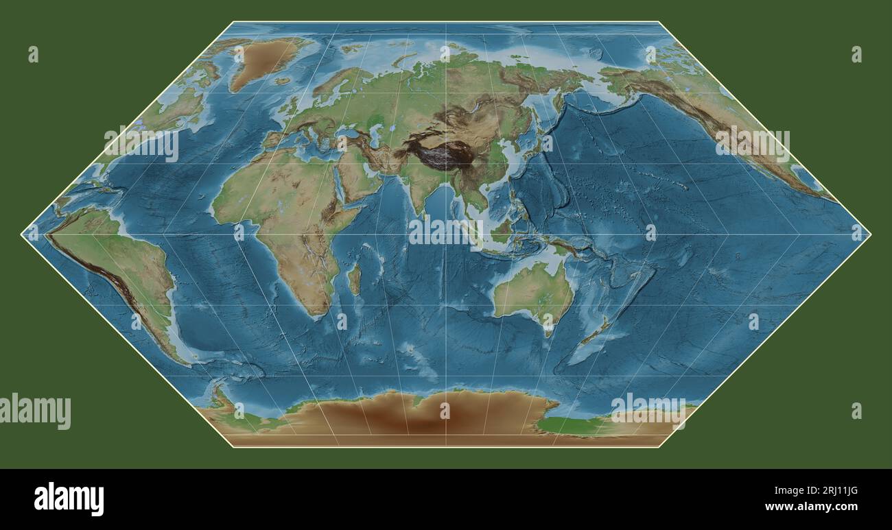 Colored elevation map of the world in the Eckert I projection centered ...