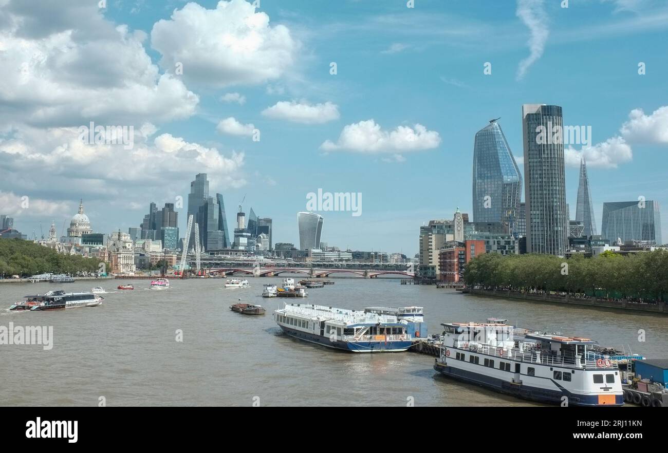 London skyline landscape taken from Waterloo Bridge, over the River ...