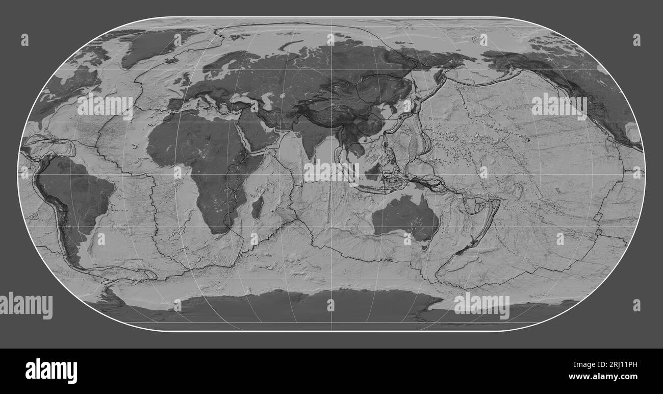 Tectonic plate boundaries on a bilevel map of the world in the Eckert ...