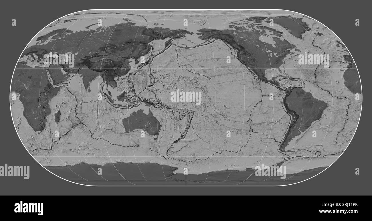 Tectonic plate boundaries on a bilevel map of the world in the Eckert ...
