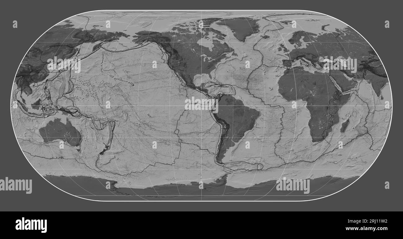 Tectonic plate boundaries on a bilevel map of the world in the Eckert ...